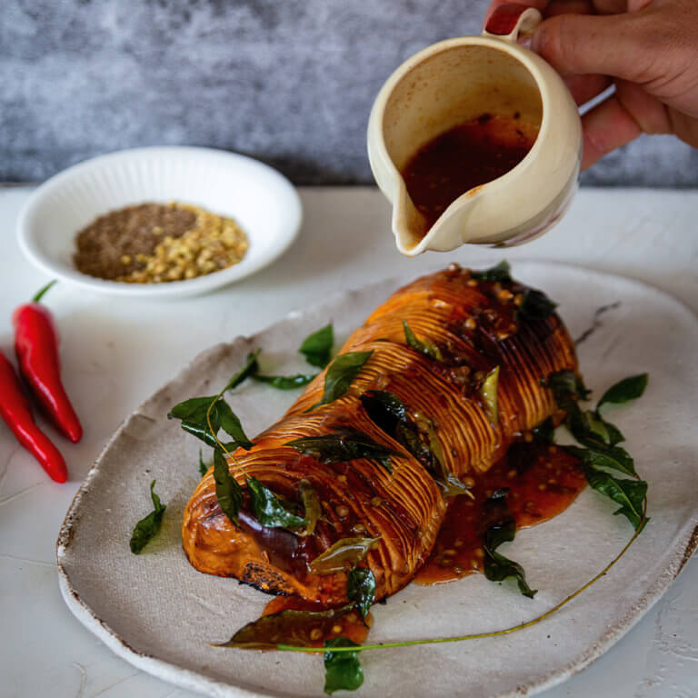 Hasselback pumpkin with spiced sweet chilli sauce | Nourish plant-based ...